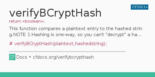 verifyBCryptHash Code Examples and CFML Documentation